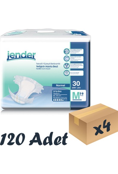 Jender Tekstil Yüzeyli Bel Bantlı Yetişkin Hasta Bezi Medium 30'Lu 4 Paket 120 Adet Jender Tekstil Yüzeyli Bel Bantlı Yetişkin Hasta Bezi Medium 30'Lu 4 Paket 120 Adet
