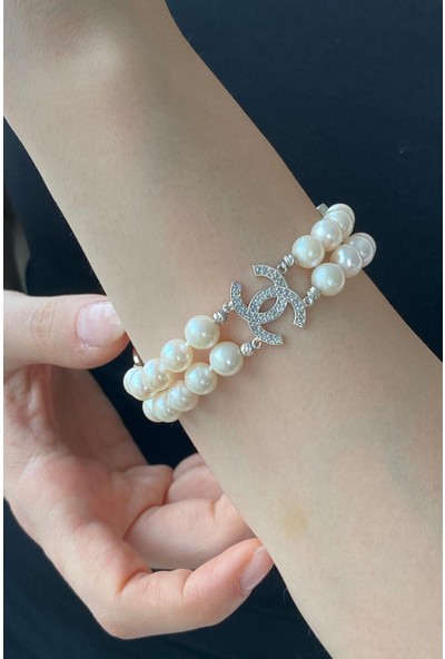 Zümrüt Kuyumculuk BIRINCI1926 925 Ayar Gümüş Kadın Düğümlü Gümüş Ara Parçalı Çift Sıra Inci Bileklik