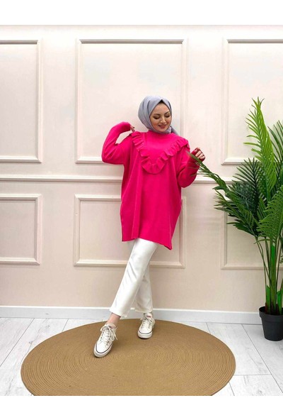 Karzen Yakası Fırfır Detaylı Triko Tunik Fuşya Karzen Yakası Fırfır Detaylı Triko Tunik Fuşya