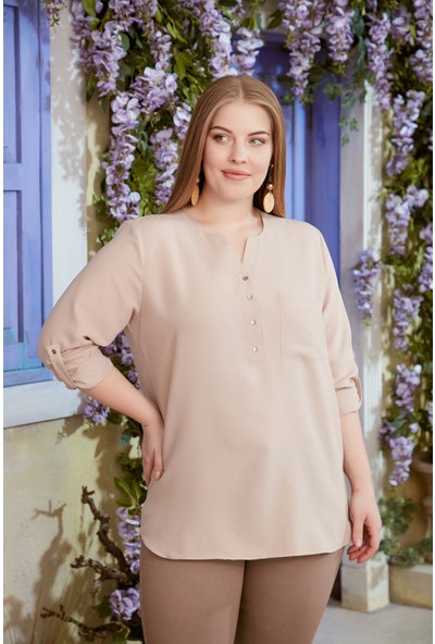 Rmg Hakim Yaka Krem Büyük Beden Bluz