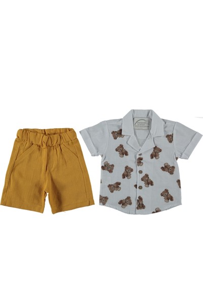 Le Miel Kids Ayıcık Desenli Hardal Şortlu Keten Gömlek Takım