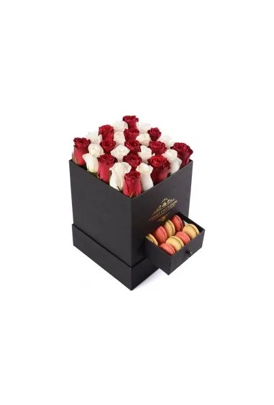Çiçek & Yunus Siyah Kare Kutu Kırmızı Beyaz Gül ve Makaron Çiçek & Yunus Siyah Kare Kutu Kırmızı Beyaz Gül ve Makaron