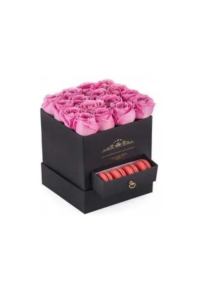 Çiçek & Yunus Kare Siyah Kutuda Pembe Güller ve Makaron