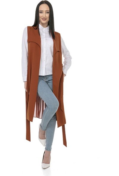 Hergün Moda Kadın Arkası Şifon Detay Yelek Kiremit