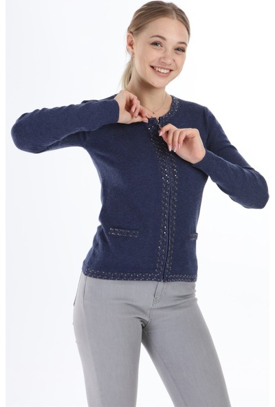 Hergün Moda Kadın Taş Detay Hırka Indigo