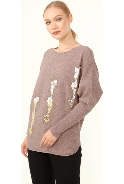 Hergün Moda Kadın Ön Baskı Detaylı Kazak Beıge