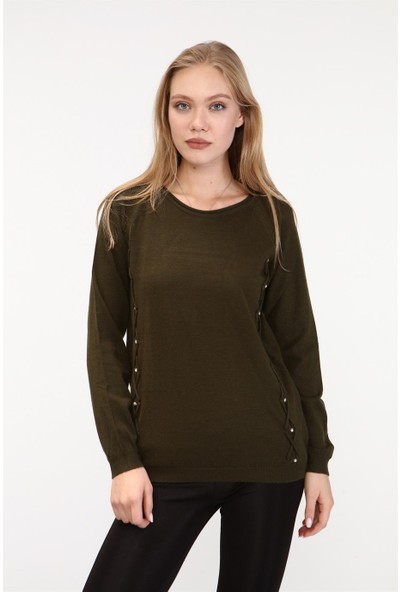 Hergün Moda Kadın Taş Detay Bayan Triko Haki