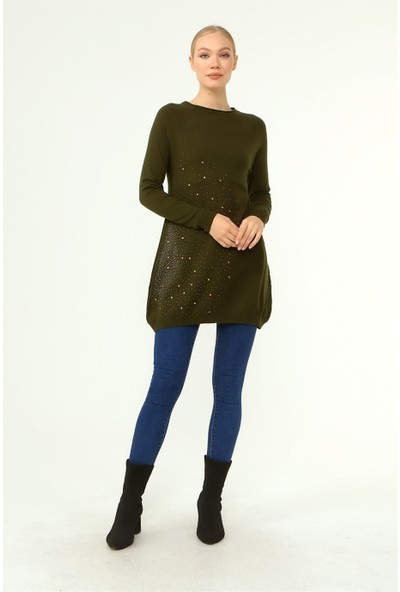 Hergün Moda Kadın Payet Detaylı Kazak Haki