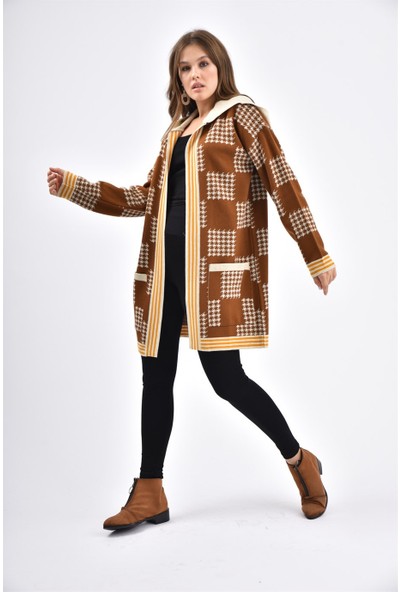 Hergün Moda Kadın Kaz Ayağı Cepli Hırka Deve Tüyü