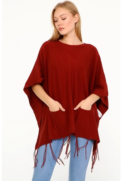 Hergün Moda Kadın Püskül Detay Panço Kiremit