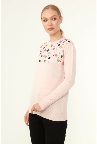 Hergün Moda Kadın Göğüs Boncuk Detay Kazak Pudra