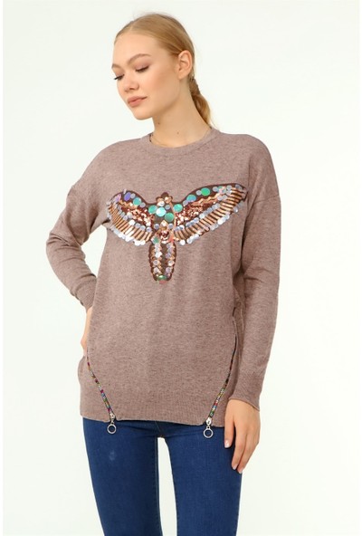 Hergün Moda Kadın Önü Kanat Detaylı Kazak Beıge