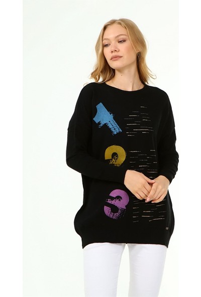Hergün Moda Kadın Önü Baskılı Kazak Siyah