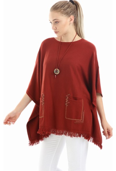 Hergün Moda Kadın Cep Detaylı Panço Kiremit