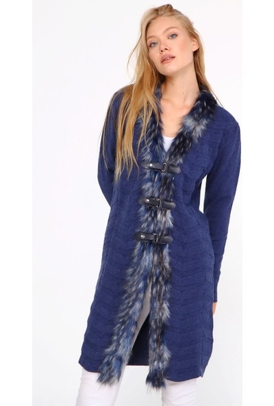 Hergün Moda Kadın Kürk Detaylı Uzun Kap Indigo