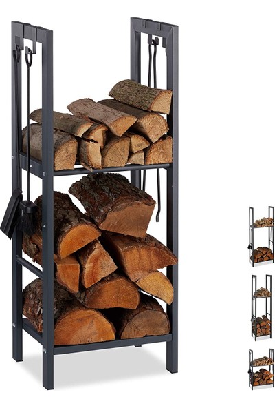 HS Global Şömine Odunu Rafı, 2 Raflı, Şömine Takımı Için 4 Kanca, Odunluk