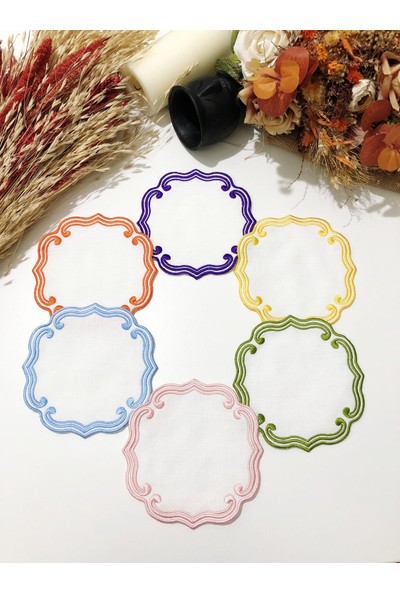 Sun Art Textile Hermes-1 6 Farklı Renk Nakışlı Bardak Altlığı Kokteyl - Sunum Peçetesi Takımı 6'lı