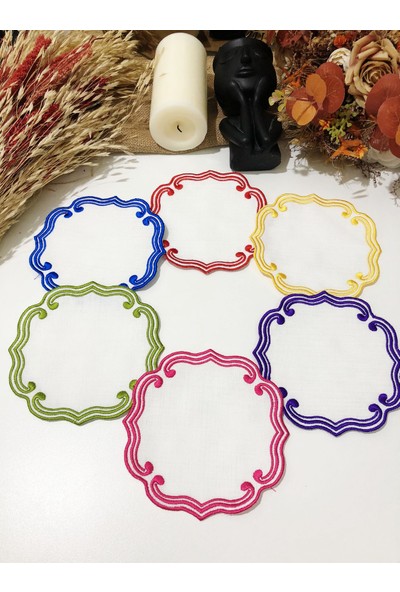 Sun Art Textile Hermes-4 6 Farklı Renk Nakışlı Bardak Altlığı Kokteyl - Sunum Peçetesi Takımı 6'lı