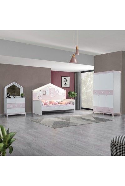 Montessori, City Montessori Çocuk Odası Takımı, Dolap Karyola Şifonyer -Pembe