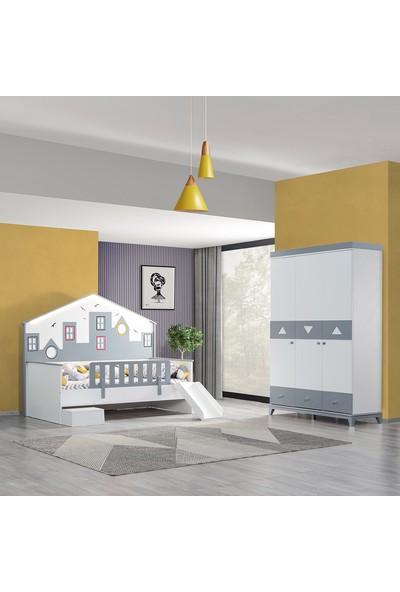 Setay Montessori, City Montessori Çocuk Odası Takımı, Dolap, Kaydıraklı Yatak - Gri