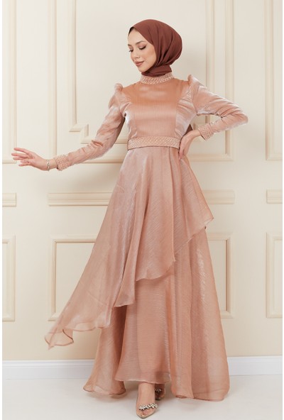 İmaj Butik Asimetrik Kesim Taş Işlemeli Tesettür Abiye/pudra