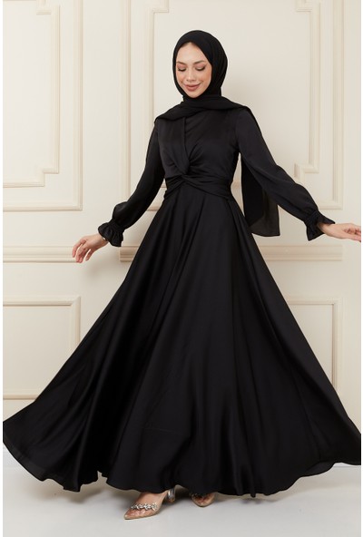 İmaj Butik Bilek Büzgülü Mevlana Saten Tesettür Abiye/ Siyah