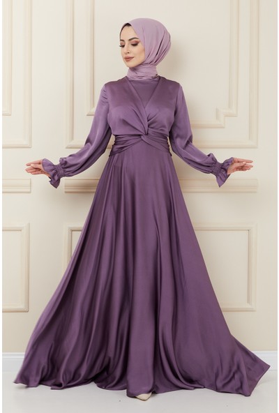İmaj Butik Bilek Büzgülü Mevlana Saten Tesettür Abiye/ Lila İmaj Butik Bilek Büzgülü Mevlana Saten Tesettür Abiye/ Lila