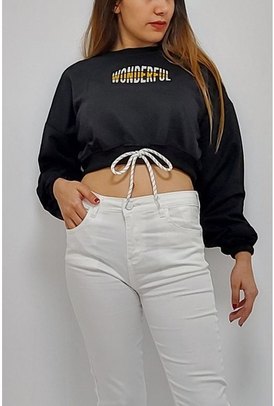 İnobag Baskılı Önden Bağlamalı Sweatshirt Siyah