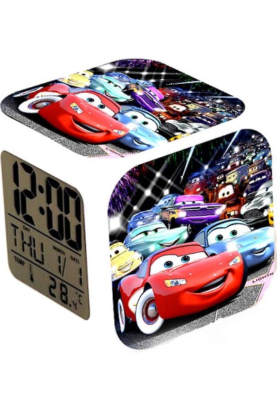 7 Renk Değiştirme Dijital Termometre Parlayan Küp Çalar Saat Arabalar Yıldırım Mcqueen