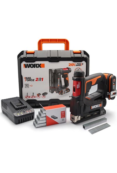 Worx WX843 20VOLT/2.0AH. Li-Ion Şarjlı Profesyonel 6-14MM Zımba ve 15MM Çivi Çakma + 3500 Adet Yedek Zımba ve Çivi Worx WX843 20VOLT/2.0AH. Li-Ion Şarjlı Profesyonel 6-14MM Zımba ve 15MM Çivi Çakma + 3500 Adet Yedek Zımba ve Çivi