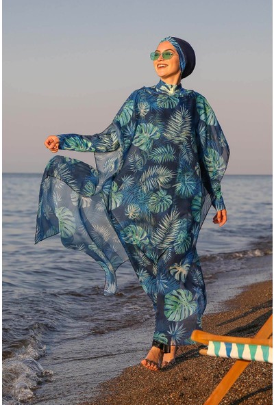 Marina Tesettür Mayo Üzerine Yaprak Desenli Kaftan Kimono Pareo P2106