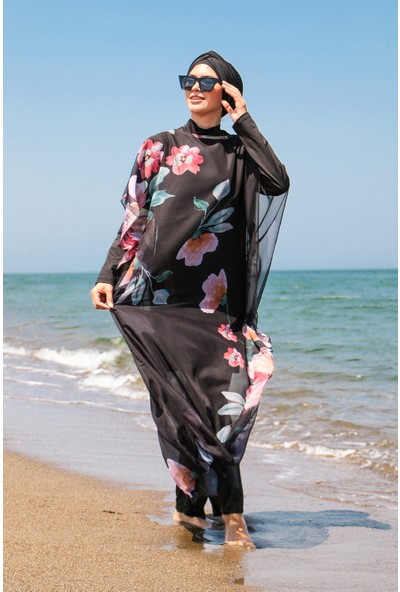 Marina Tesettür Mayo Üzerine Çiçek Desenli Kaftan Kimono Pareo P2104