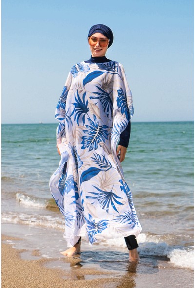 Marina Tesettür Mayo Üzerine Yaprak Desenli Kaftan Kimono Pareo P2103