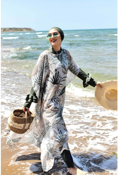 Marina Tesettür Mayo Üzerine Yaprak Desenli Kaftan Kimono Pareo P2101