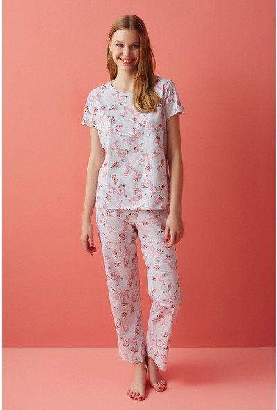 Penti Açık Gri Melanj Printed Pink Panther Pijama Takımı