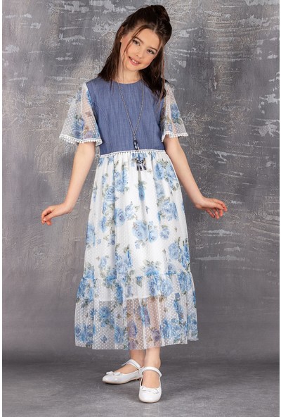 Tivido Kot Bedenli Puan Dantel Çiçekli Kız Çocuk Elbise-Kolyeli