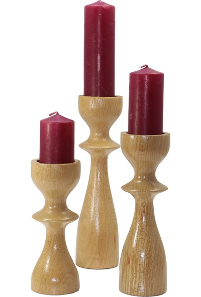 Monchi Ahşap Mumluk / Şamdan 3'lü Set