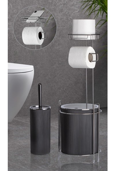Okyanus Home Krom Yedekli Wc Kağıtlık - Çizgili Yuvarlak Siyah Çöp Kovası ve Wc Fırça Seti Okyanus Home Krom Yedekli Wc Kağıtlık - Çizgili Yuvarlak Siyah Çöp Kovası ve Wc Fırça Seti