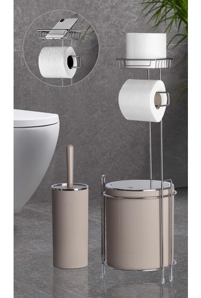 Okyanus Home Krom Yedekli Wc Kağıtlık - Çizgili Yuvarlak Vizon Çöp Kovası ve Wc Fırça Seti Okyanus Home Krom Yedekli Wc Kağıtlık - Çizgili Yuvarlak Vizon Çöp Kovası ve Wc Fırça Seti