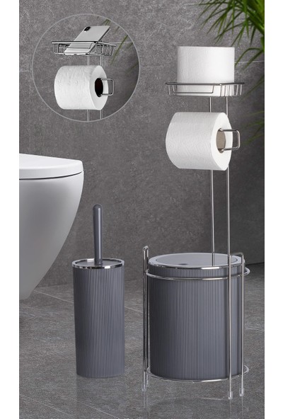 Okyanus Home Krom Yedekli Wc Kağıtlık - Çizgili Yuvarlak Antrasit Çöp Kovası ve Wc Fırça Seti Okyanus Home Krom Yedekli Wc Kağıtlık - Çizgili Yuvarlak Antrasit Çöp Kovası ve Wc Fırça Seti