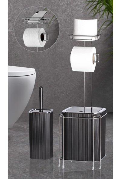 Okyanus Home Krom Yedekli Wc Kağıtlık - Çizgili Kare Siyah Çöp Kovası ve Wc Fırça Seti Okyanus Home Krom Yedekli Wc Kağıtlık - Çizgili Kare Siyah Çöp Kovası ve Wc Fırça Seti