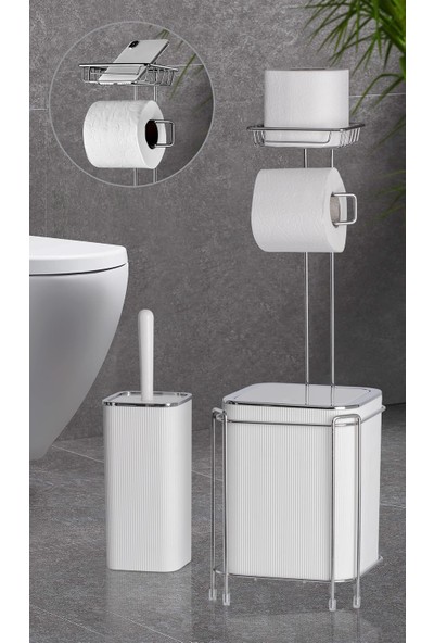Okyanus Home Krom Yedekli Wc Kağıtlık - Çizgili Kare Beyaz Çöp Kovası ve Wc Fırça Seti Okyanus Home Krom Yedekli Wc Kağıtlık - Çizgili Kare Beyaz Çöp Kovası ve Wc Fırça Seti