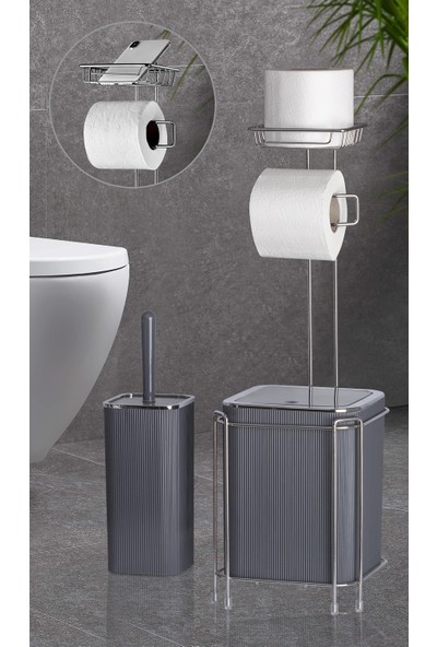 Okyanus Home Krom Yedekli Wc Kağıtlık - Çizgili Kare Antrasit Çöp Kovası ve Wc Fırça Seti Okyanus Home Krom Yedekli Wc Kağıtlık - Çizgili Kare Antrasit Çöp Kovası ve Wc Fırça Seti