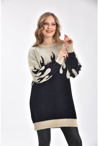 Hergün Moda Kadın Alev Desen Sakallı Kazak Taş