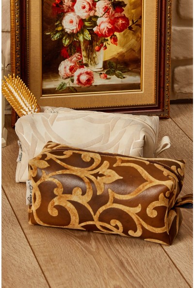 Ayşe Tasarım Kadife Dokulu Deri Makyaj Çantası Açık Kahverengi - Kadife Desen Cm-1