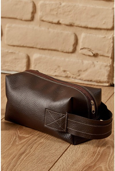 Kadife Dokulu Deri Makyaj Çantası,koyu Kahverengi,cm-1