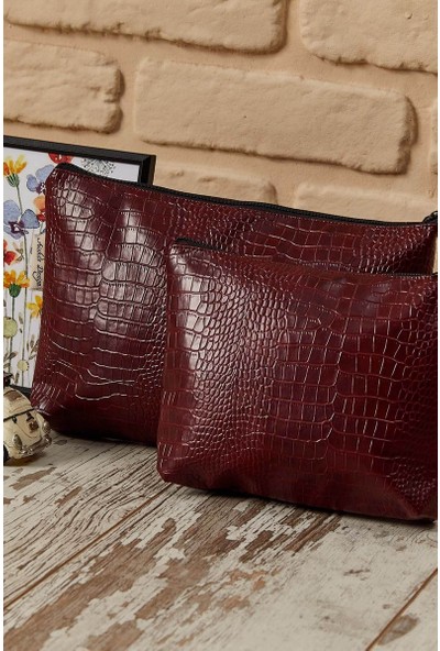 Ayşe Tasarım Deri El Çantası Büyük Bordo - Yılan Desenli Cmb-5Sd