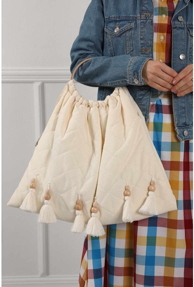 Ahşap Saplı Püsküllü Çanta,krem,c-28