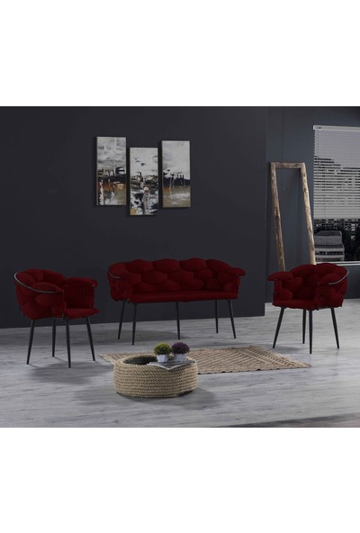 Vianem Balon Kafe Otel Balkon Bekleme Salonu Metal Çay Seti Takımı Siyah Iskelet Bordo