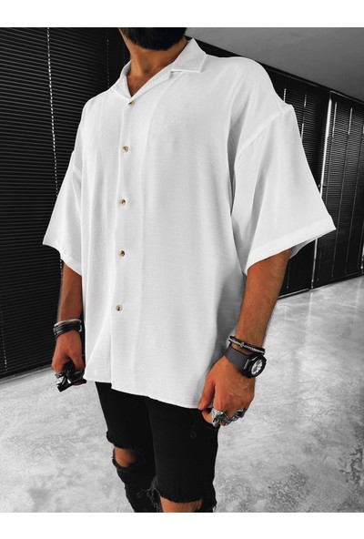 Abluka Online Oversize Basic Kısa Kollu Gömlek Beyaz